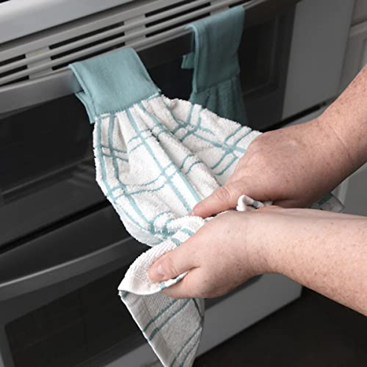 Ritz Premium 100% Cotton Solid and Multi Check Kitchen Tie Towel, Absorbent, Super Soft, and Fast Drying Hang Towel, Set of Two, Dew