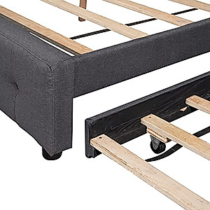 Queen Upholstered Platform Bed with 2 Storage Drawers and 1 Twin XL Trundle, Linen Fabric, Wood Bed Frame (Queen Size, Dark Gray)