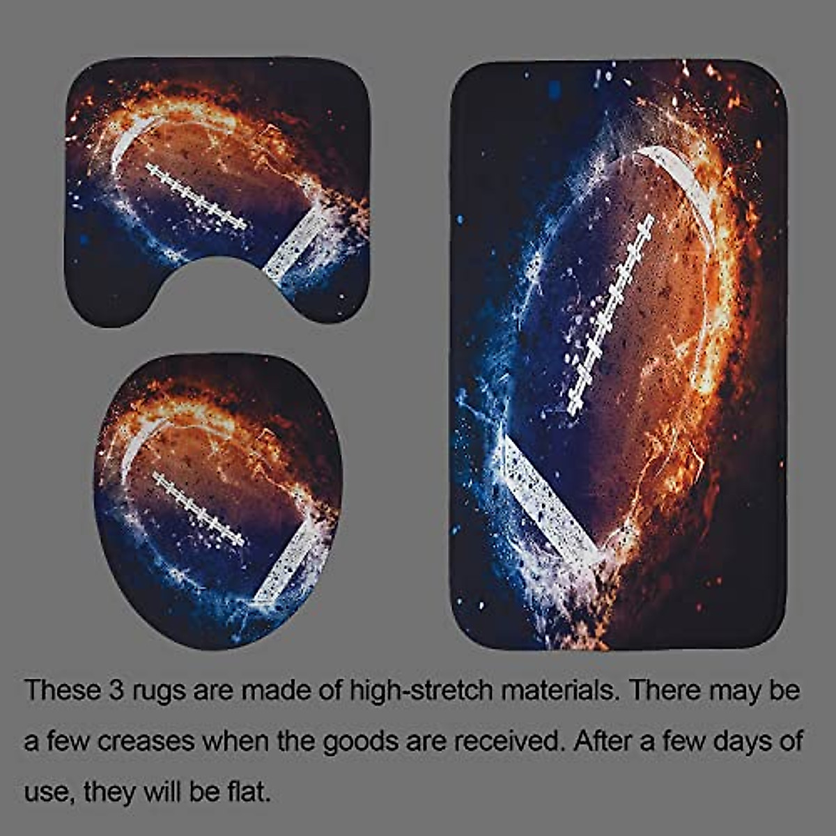 Jayden Madge 4PCS/Set Burning American Football Shower Curtain, Ice and Fire Championship Cool Sports Bathroom Decor for Men, Waterproof Fabric Black Shower Curtain, Non-Slip Bath Rugs, Flaming Ball