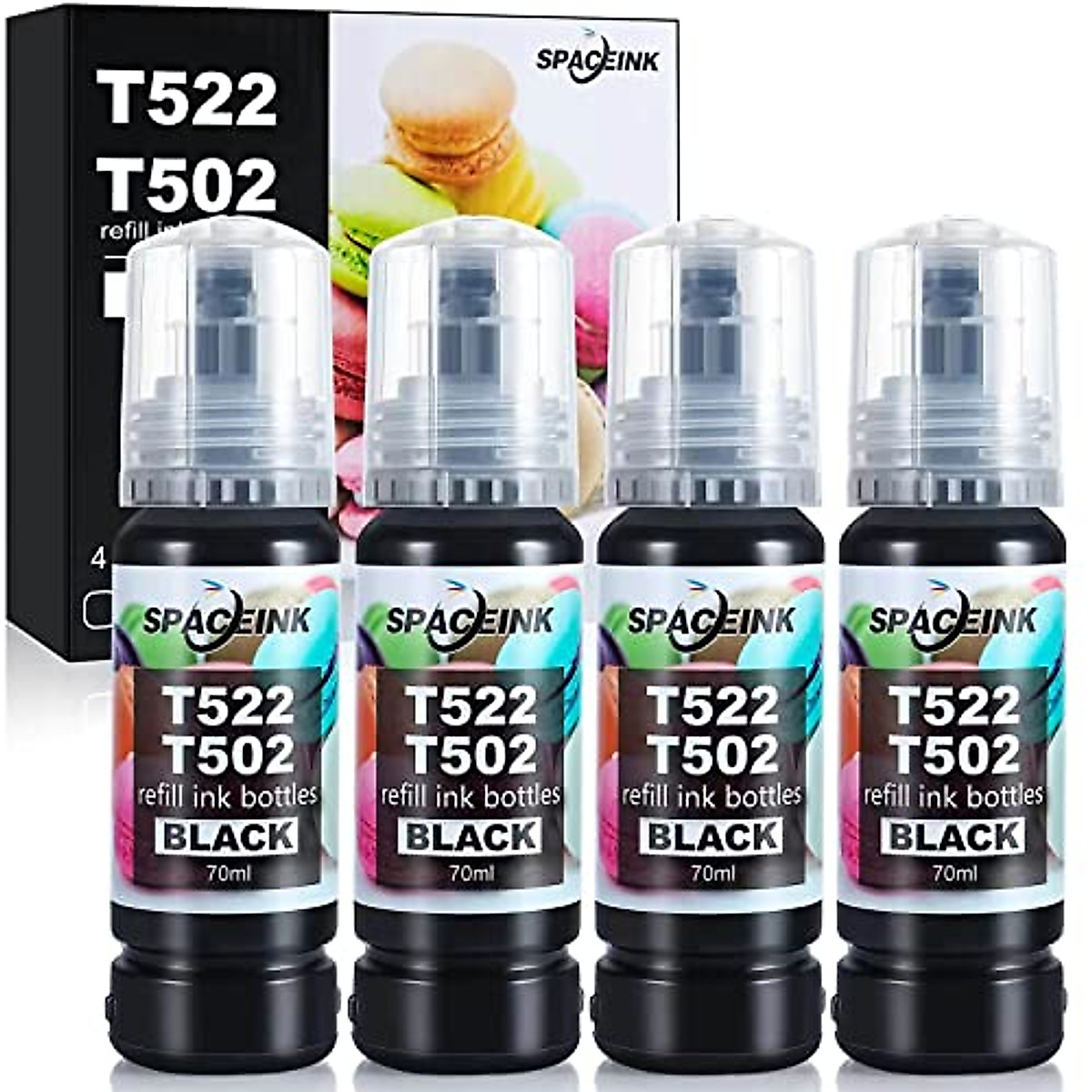 Spaceink T502 T522 Ink Refill Black for Ecotank ET-2720 ET-2760 ET-2800 ET-15000 ET-3760 ET-2750 ET-4800 ET-4760 ST-2000 ET4850 ET-2850 Priter(Black*4 Pack)
