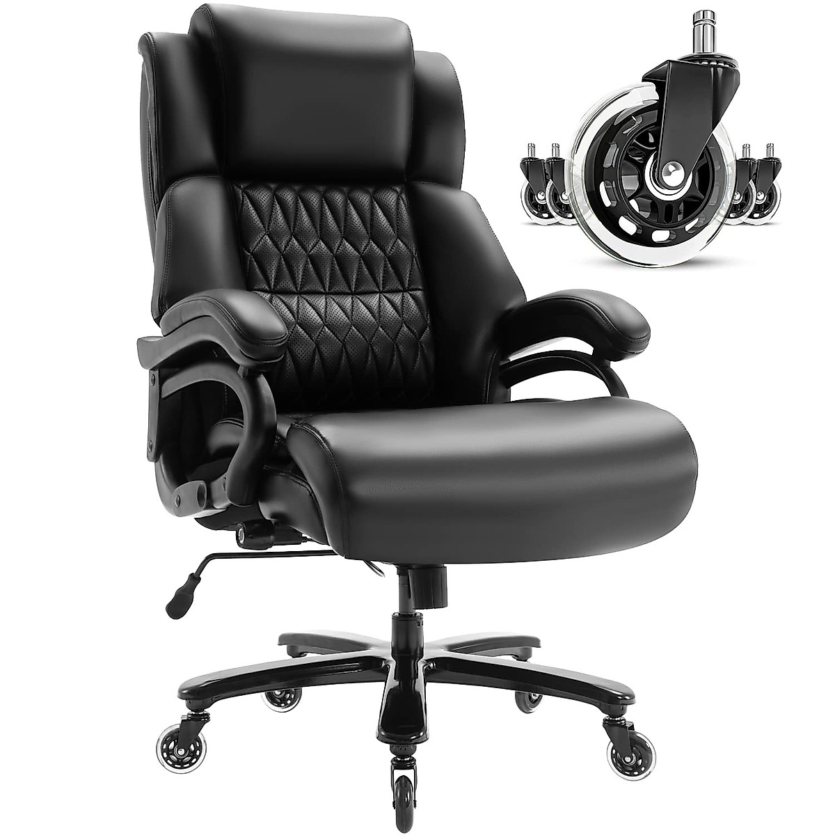 Big and Tall 400lbs Office Chair - Adjustable Lumbar Support Quiet Rubber Wheels Heavy Duty Metal Base, High Back Large Executive Computer Desk, Thick Padded Ergonomic Design for Back Pain (Black)