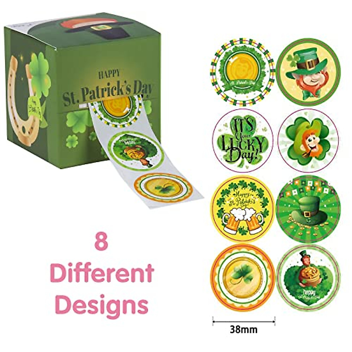 500 PCS St Patricks Day Stickers Labels Roll,Shamrock Roll Stickers Shamrock Hat Beer Leprechaun Self-Adhesive Stickers for Irish Decoration and Craft