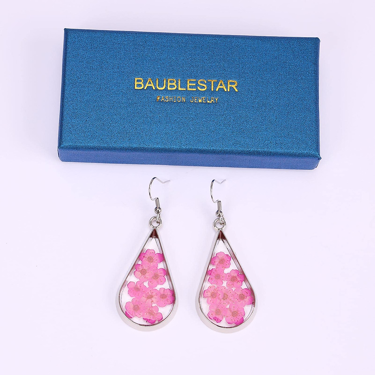 BaubleStar Pressed Dry Flower Hot Pink Teardrop Earrings Natural Dried Flowers Drop Dangle Silver Fashion Jewelry for Women
