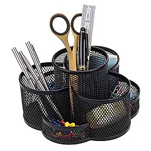 MyGift Rotating Black Metal Mesh Desktop Organizer, 7 Compartment Office Desk Supplies and Stationery Storage Caddy