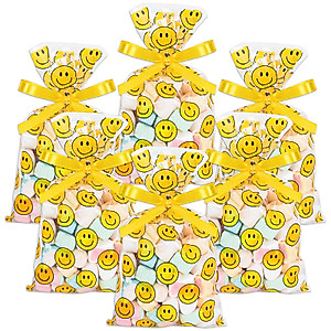 Whaline 100Pcs Smile Pattern Cellophane Treat Bags with Yellow Ribbons Cute Smile Face Cello Goodie Bags Clear Flat Candy Cookie Bags for Birthday Baby Shower Wedding Party Favor Supplies