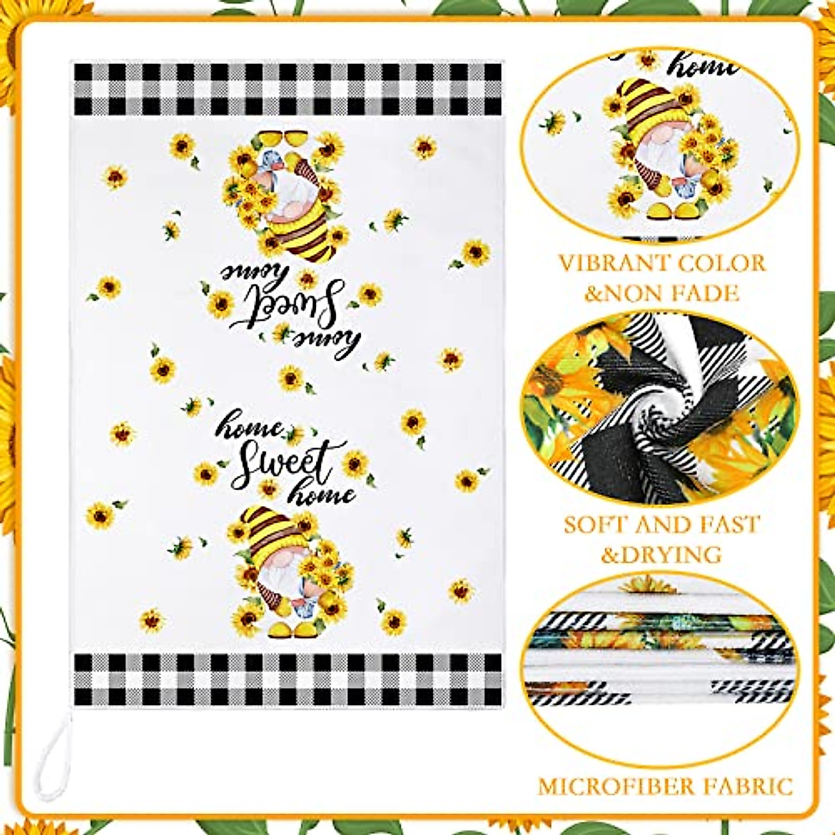 Kajaia 4 Pcs Bee Sunflower Kitchen Towels Summer Gnome Dish Towels Watermelon Lemon Tea Towels Sunshine Hand Towels Absorbent Plaid Towels for Bathroom Housewarming Gifts (Sunflower)