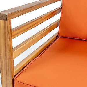 JONATHAN Y LVG1200C-4SET Thom 4-Piece Mid-Century Modern Acacia Wood Outdoor Patio Set with Cushions and Plaid Decorative Pillows Classic, Industrial, Scandinavian, Bohemian, Orange/Teak Brown