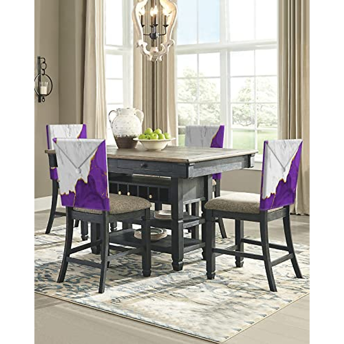 MUSEDAY Christmas Chair Covers Dining Chair Back Covers 6PCS, Marble Kitchen Chair Slipcovers Protective Covers for Xmas Wedding Hotel Holiday Party, Purple and Gray Modern Art Texture