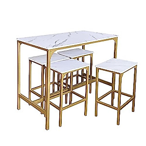 AT-VALY 5-Piece Bar Table Set with 4 Stools,Dining Room Table Set,Small Spaces (Gold & White)