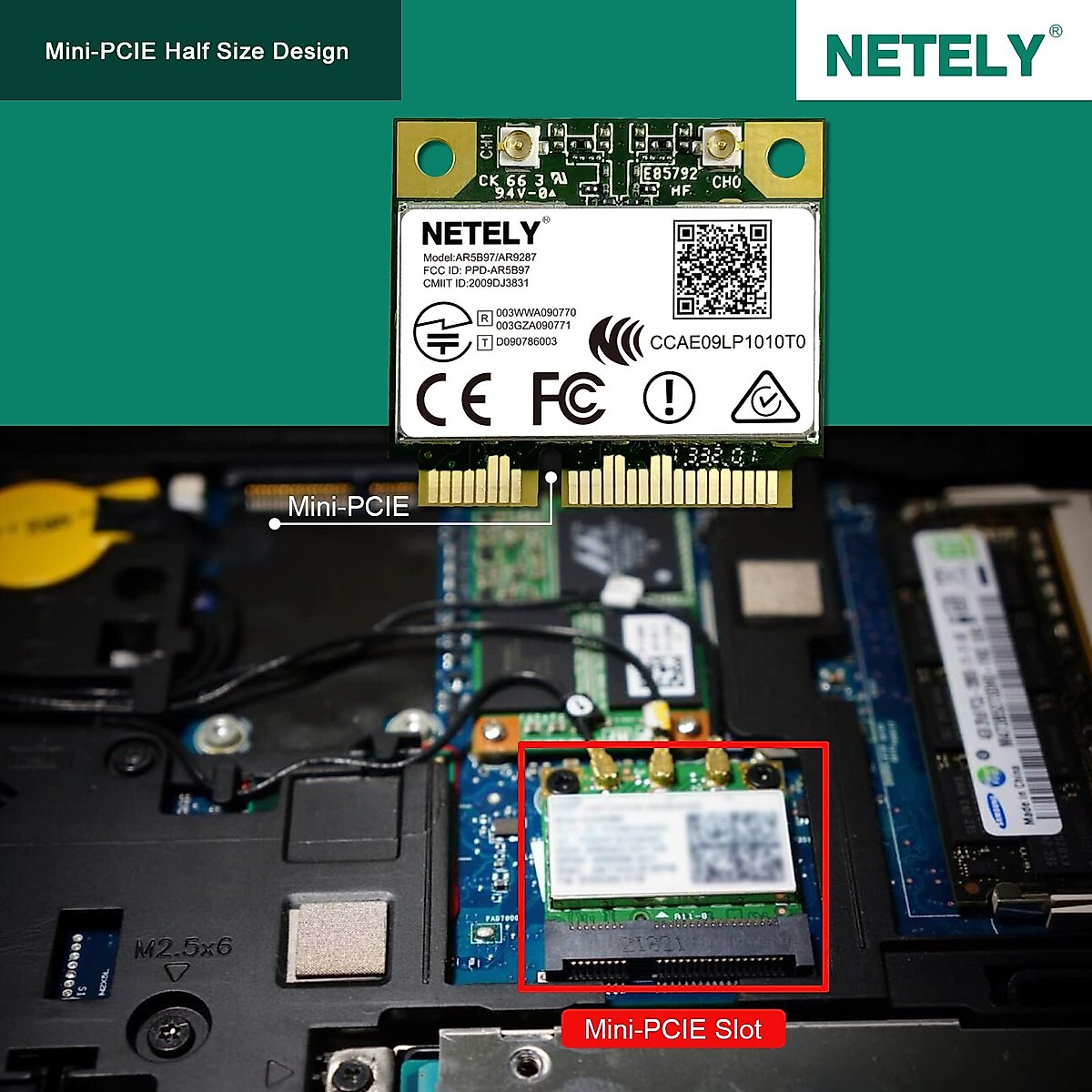 NETELY IEEE 802.11N Mini-PCIE Interface 300Mbps WiFi Adapter for Laptop PCs and Desktop PCs, Mini-PCIE WiFi Card, Qualcomm Atheros AR9287 Wireless Network Adapter (AR9287)