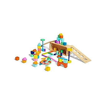 The Block Set by Lovevery – Solid Wood Building Blocks and Shapes + Wooden Storage Box, 70 Pieces, 18 Colors, 20+ Activities