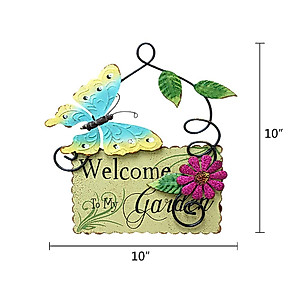 E-view Metal Welcome Sign Rustic Wall Hanging Plaque - Decorative Welcome Flower Signs for Porch Front Door Farmhouse Home Decoration Garden Themed Wreath Ornament (Green)