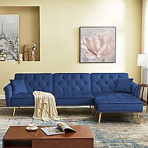 ERYE L-Shaped Corner Tufted Velvet Upholstered Sectional Sofa & Couch Convertible Sleeper Couch Bed with Reversible Chaise Lounge and Movable Ottoman for Home Office Apartment Living Room Sets