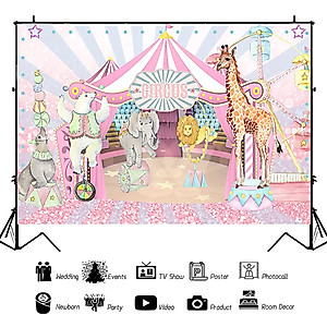Withu Pink Circus Backdrop Big Top Tent Animals Carnival Kids Girl Birthday Party Dessert Candy Cake Table Decor Baby Shower Banner Photo Photography Background