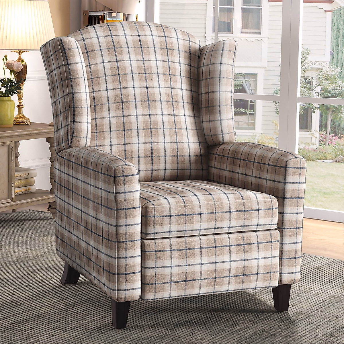 INZOY Push Back Recliner Chair, Pushback Reclining Chair with Padded Seat, Fabric Wingback Recliner for Living Room Home Theater, Plain Plaid