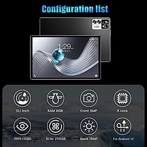 GLOGLOW Tablet PC, 5GWIFI Octa Core CPU 10.1in Tablet 100‑240V 5.0 8GB RAM 256GB ROM Black for Home (US Plug)