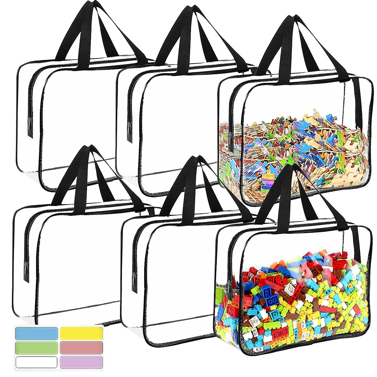 6 Packs Large Toy Storage Bags with Labels, Reusable Clear PVC Board Game Storage, Travel Waterproof Organizer Bags with Zipper for Building Blocks, Puzzle, Kids Books