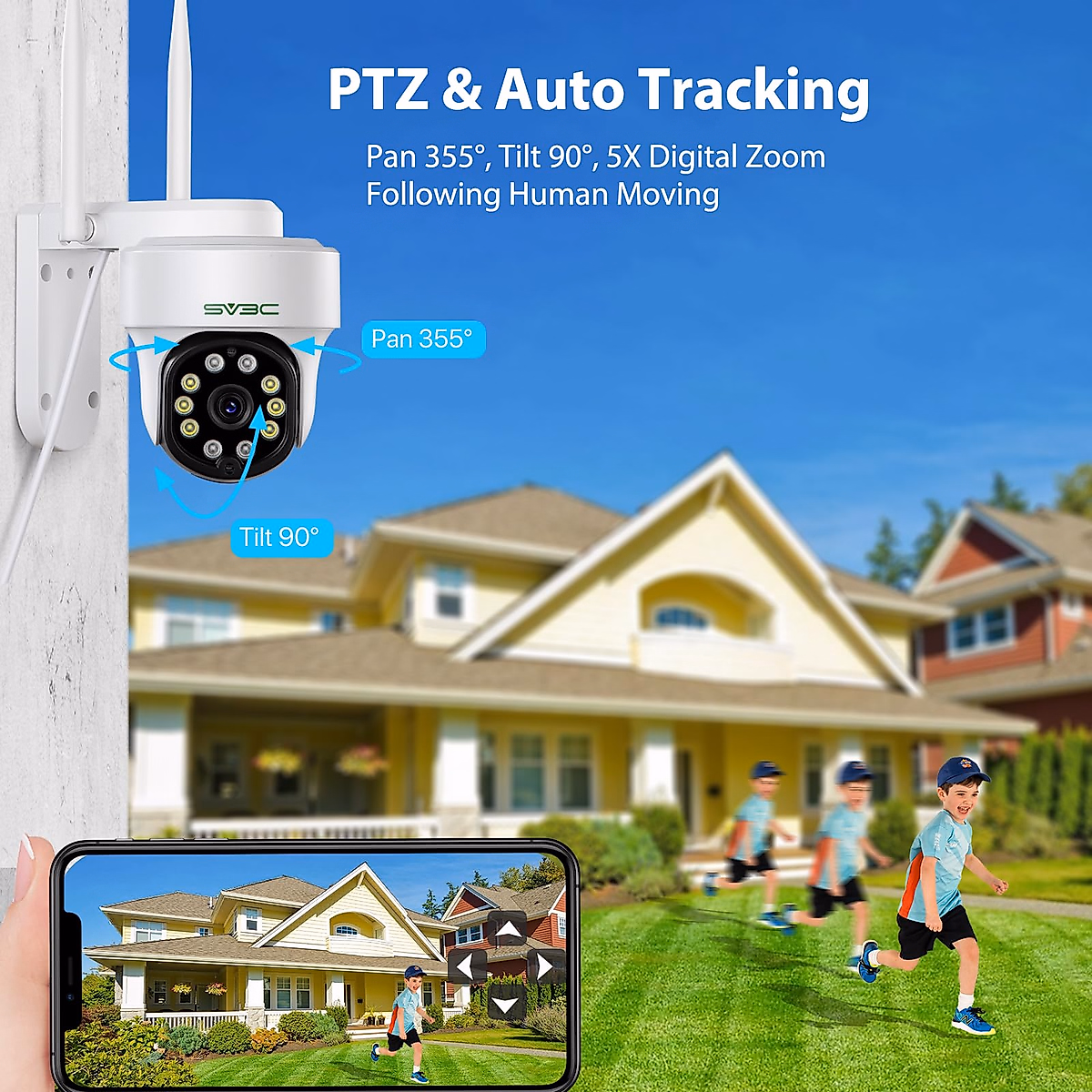 SV3C WiFi Security IP Camera Outdoor, Auto Tracking 1080P PTZ Pan Tilt Home Dome Cameras Support Floodlight Color Night Vision, ONVIF, Humanoid Detect, 2-way Audio, FTP, Cloud&Max 128G SD Card Storage