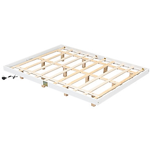 Dolonm Queen Size Bed Frame, Floating Bed Frame with LED Lights, Modern Low Profile Platform Bed Frame, Solid Pine Wood Slats Support, Noise Free, No Box Spring Needed, Easy Assembly, White