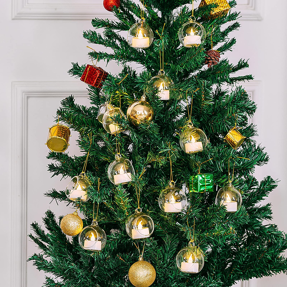 Nuptio 24 Pcs Hanging Glass Tealight Holder Globe 2.36" Diameter, Tea Light Candle Holders Wedding Christmas Halloween Home DIY Gifts, Garden Hanging Ornaments Outdoor Candle Holders