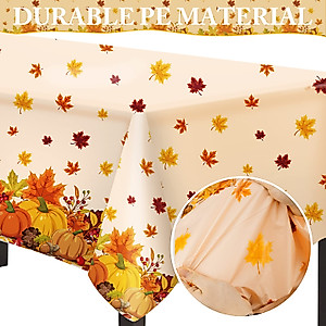 CAKKA Thanksgiving Tablecloth Plastic 54x108 Inch, 2 Pack Disposable Fall Pumpkin Table Cover, Orange Maple Leaf Rectangle Autumn Table Cloth for Fall Thanksgiving Day Table Decor Decoration