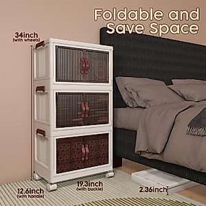 CNDSE 8.6Gal Foldable Double Door Storage Box, Collapsible Plastic Containers with Lids, White Stackable Storage Bins with Lockable Wheels, 3 Tiers