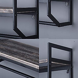 OISSIO Bathroom Shelves Wall Mounted,2 Layer Bathroom Shelf with Towel Bar,Storage Shelves for Kitchen,Metal&Wood Floating Shelves, Rustic Industrial Bathroom Shelves