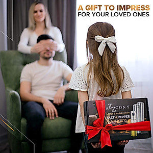 Electric Salt and Pepper Grinder Set | Stainless Steel Battery Operated Mill with Light | Pack with Oil Sprayer, Silicone Funnel, Cleaning Brush, and eBook | Adjustable Coarseness | Ceramic Grinders