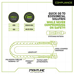 Frontline LIS61S Internal 6' Shock Absorbing Lanyard | Single Leg Lanyard Snap Hook Ends | ANSI & OSHA Compliant