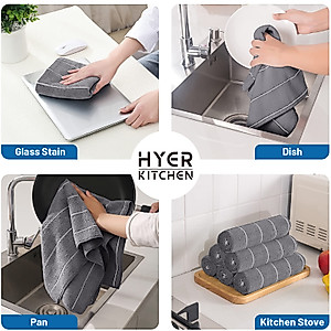 HYER KITCHEN Microfiber Kitchen Towels - Super Absorbent, Soft and Thick Dish Towels, 8 Pack (Stripe Designed Grey Colors), 26 x 18 Inch