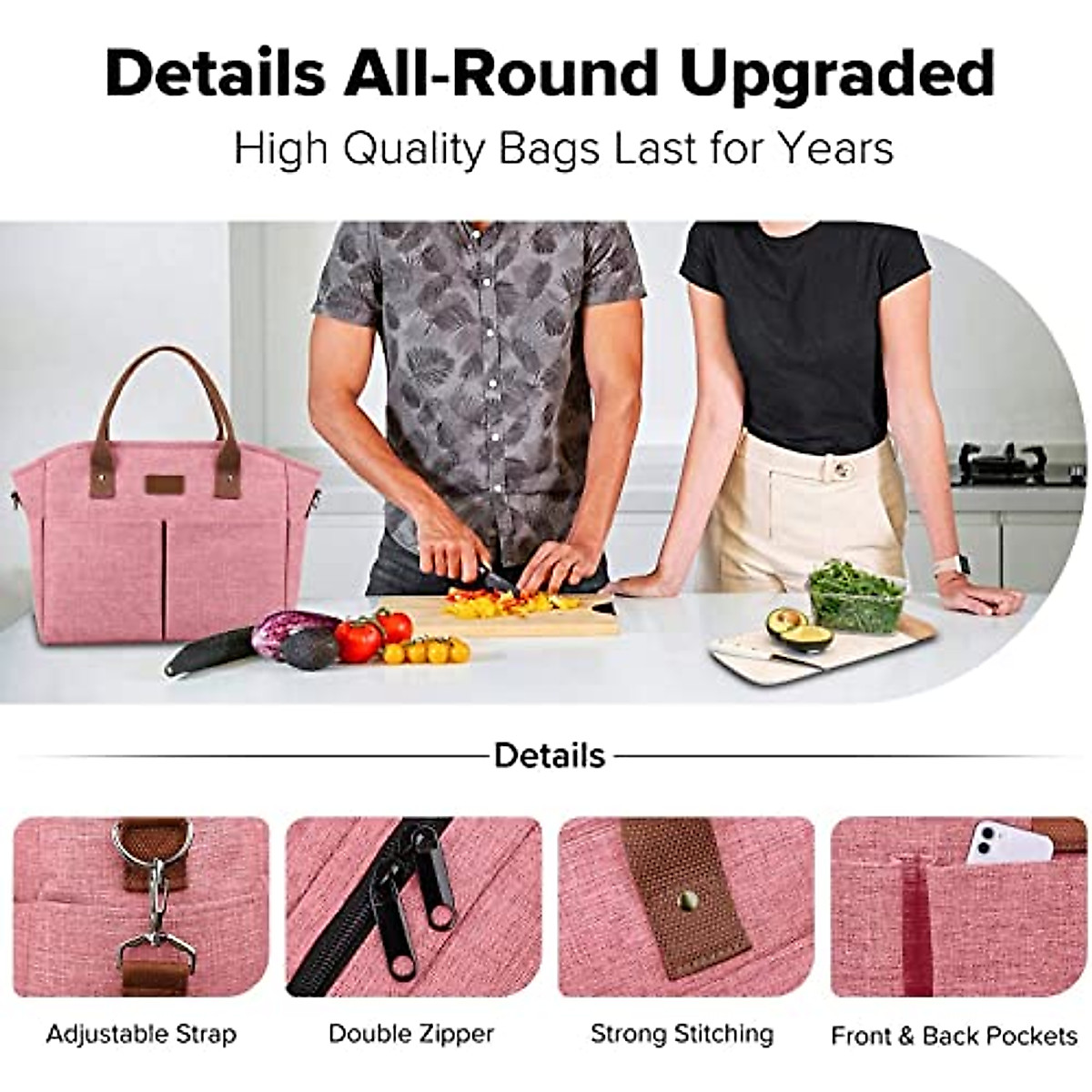 Lunch Bags for Women Insulated Thermal Lunch Tote Bag with Shoulder Strap Upgrade Large Lunch Box Container Drinks Holder for Adults Men Work College Picnic Beach Park, Pink