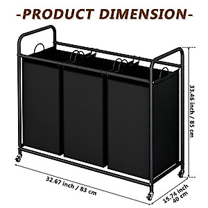 SUOERNUO Laundry Sorter Basket 3 Bag Laundry Hamper Cart with Rolling Lockable Wheels and Removable Bags Organizer Cart for Clothes Storage, Black