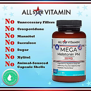 All-Star Vitamin Mega-Melatonin PM 20mg, High Potency, 180 Vegetarian Capsules, Clean-Formulated, Non-GMO, Gluten Free, Vegan, Drug-Free
