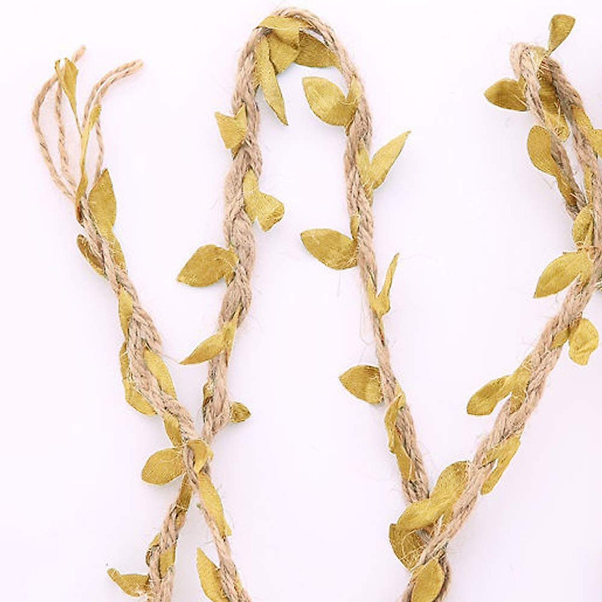 YuCool 3 Rolls 98 Feet 5MM Gold Burlap Leaf Ribbon, with Artificial Green Leaves Braided Decorated Vine for Jungle Party Wedding Garden Home Decor