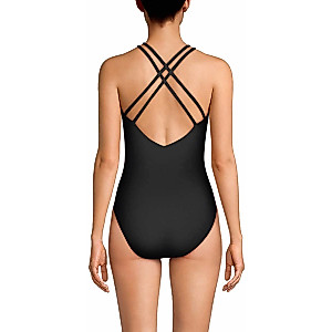 Speedo Womens Swimsuit One Piece Black Adult V-Neck with Back Interest, Conservative Cut (Medium)