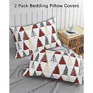 Multi Christmas Tree Pillow Covers Standard Size Set of 2 20x26 Bed Pillow, Plush Soft Comfort for Hair/ Skin Cooling Pillowcases with Envelop Closure Throw Covers Geometric Red Black Plaid Dot