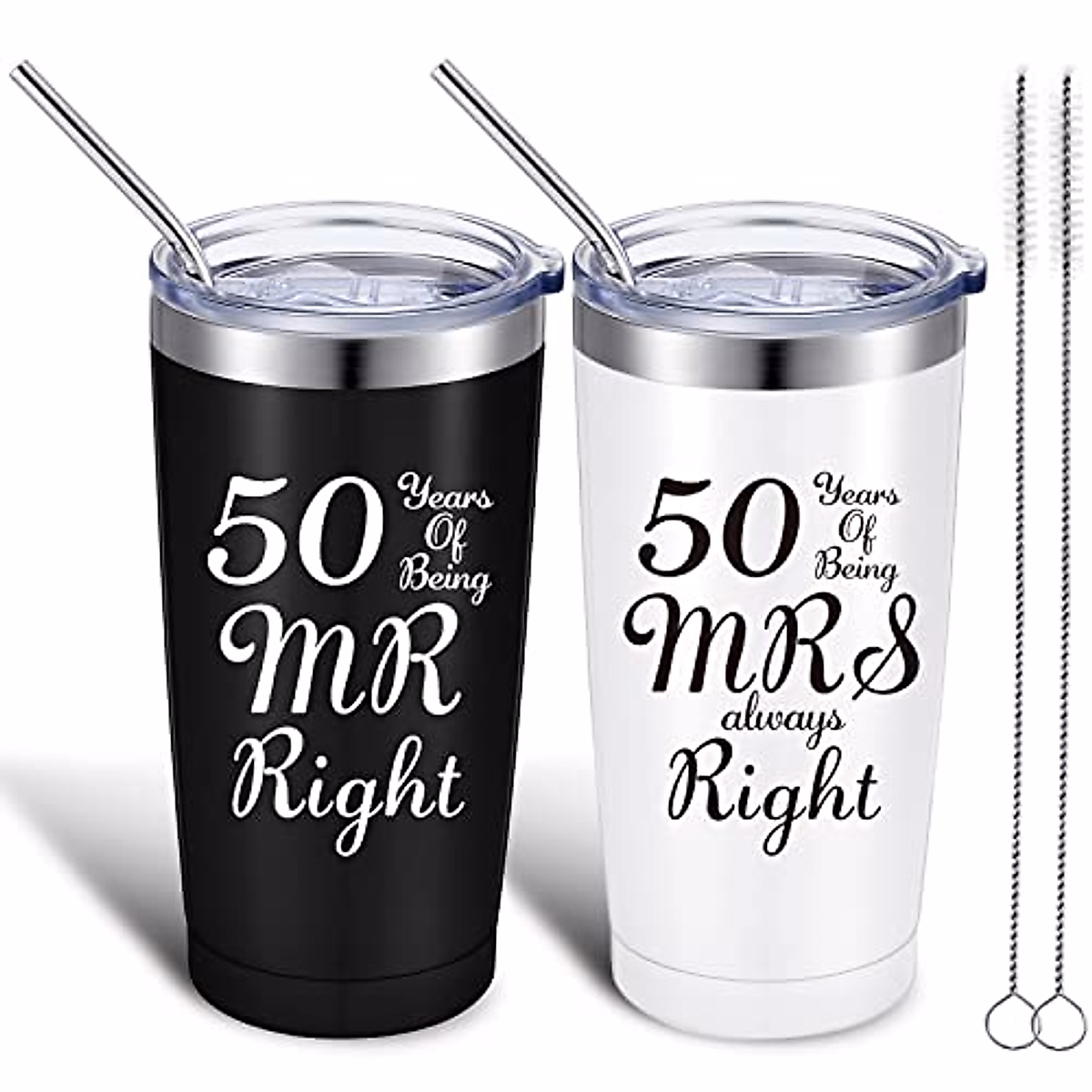 Patelai 2 Pieces Anniversary Wedding Gifts Anniversary Coffee Mug,Being MR/MRS Always Right Gifts Set for Couple or Friends, 20 oz Mug Tumbler with Lids and Gift Box 25th,30th,40th,50th (50th)