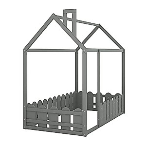 BIADNBZ Twin Size House-Shaped Bed Frame with Fence and Roof, Wooden Floor Platform Bedframe for Kids Girls Boys Bedroom, Gray