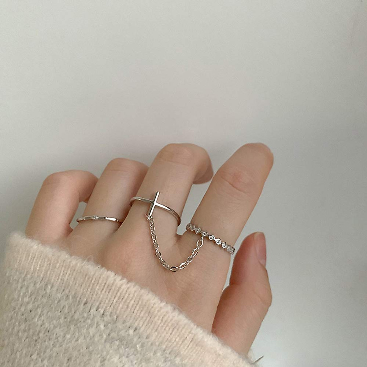 Double Open Cross Faith Rings for Women Silver Plated CZ Geometric Chain Unique knuckle Stacking Finger Adjustable Statement Engagement Ring Gifts for Her Bff Xmas
