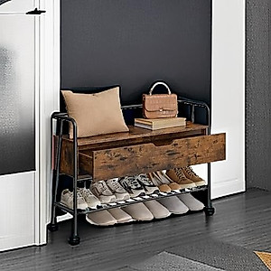 VASAGLE Shoe Storage Bench with Seating, Shoe Bench with Organizer Drawer, Industrial Style, Steel Frame, Holds Up to 600LB, for Entryway, Living Room, Bedroom, Rustic Brown and Ink Black, ULSB151K01