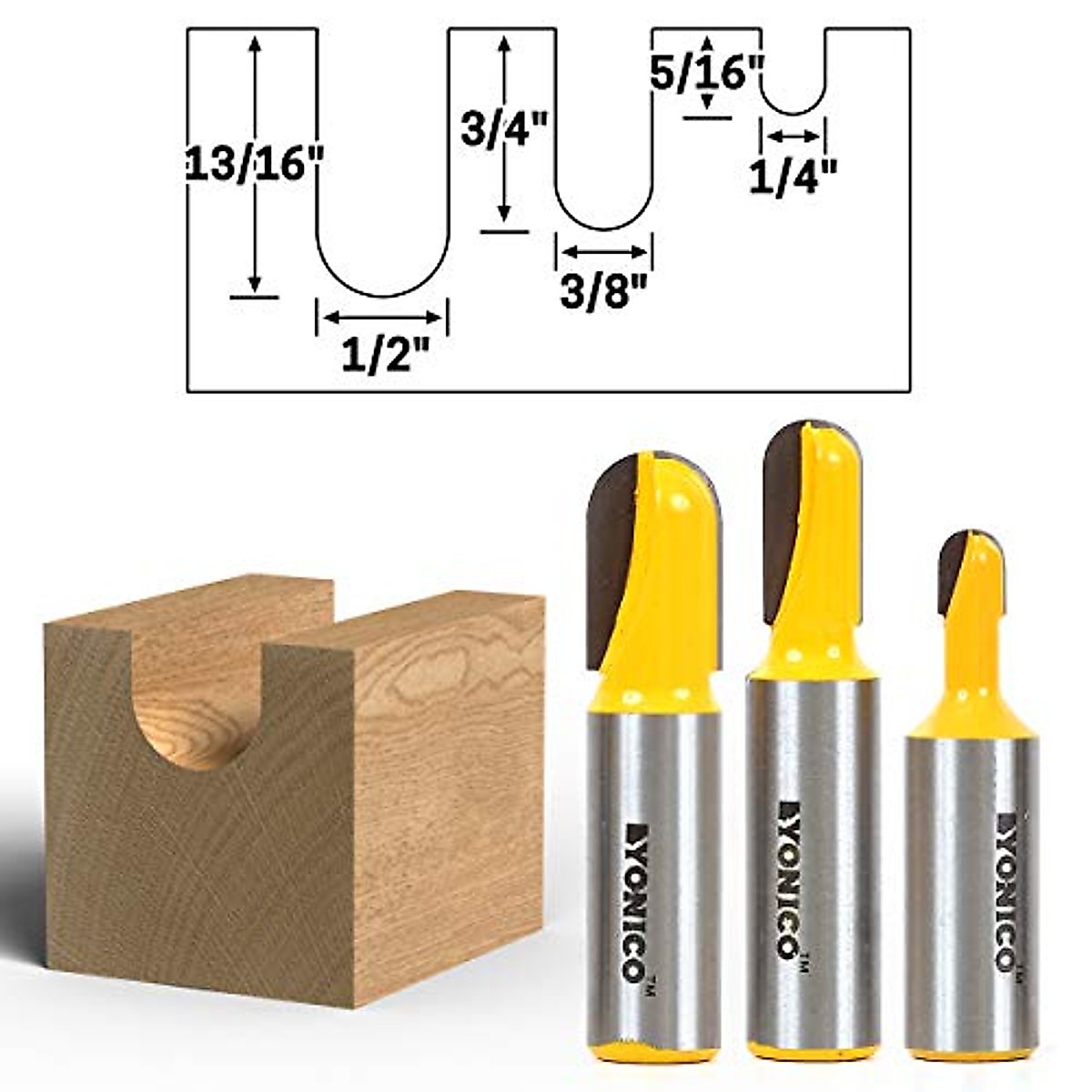 YONICO Round Nose Core Box Router Bit Set 3 Bit 1/2-Inch Shank 14360