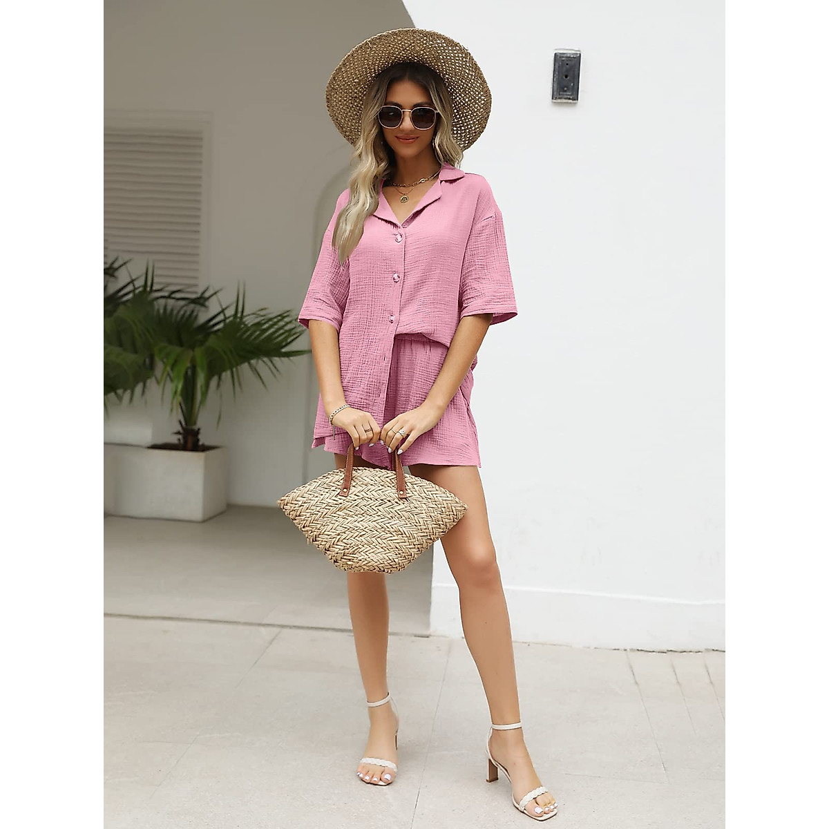 AUTOMET 2 Piece Sets For Women Lounge Wear Matching Two Piece Pajama Fashion Oversized Shirts And Shorts Spring Outfit 2025 Pink02 M