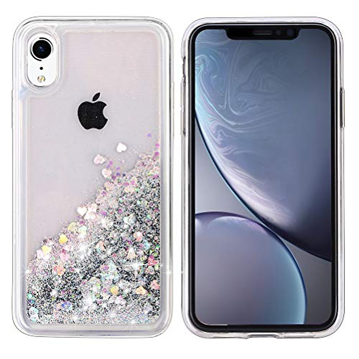 for iPhone XR Case, WORLDMOM Double Layer Design Bling Flowing Liquid Floating Sparkle Colorful Glitter Waterfall TPU Protective Phone Case for Apple iPhone XR [6.1 Inch 2018], Silver