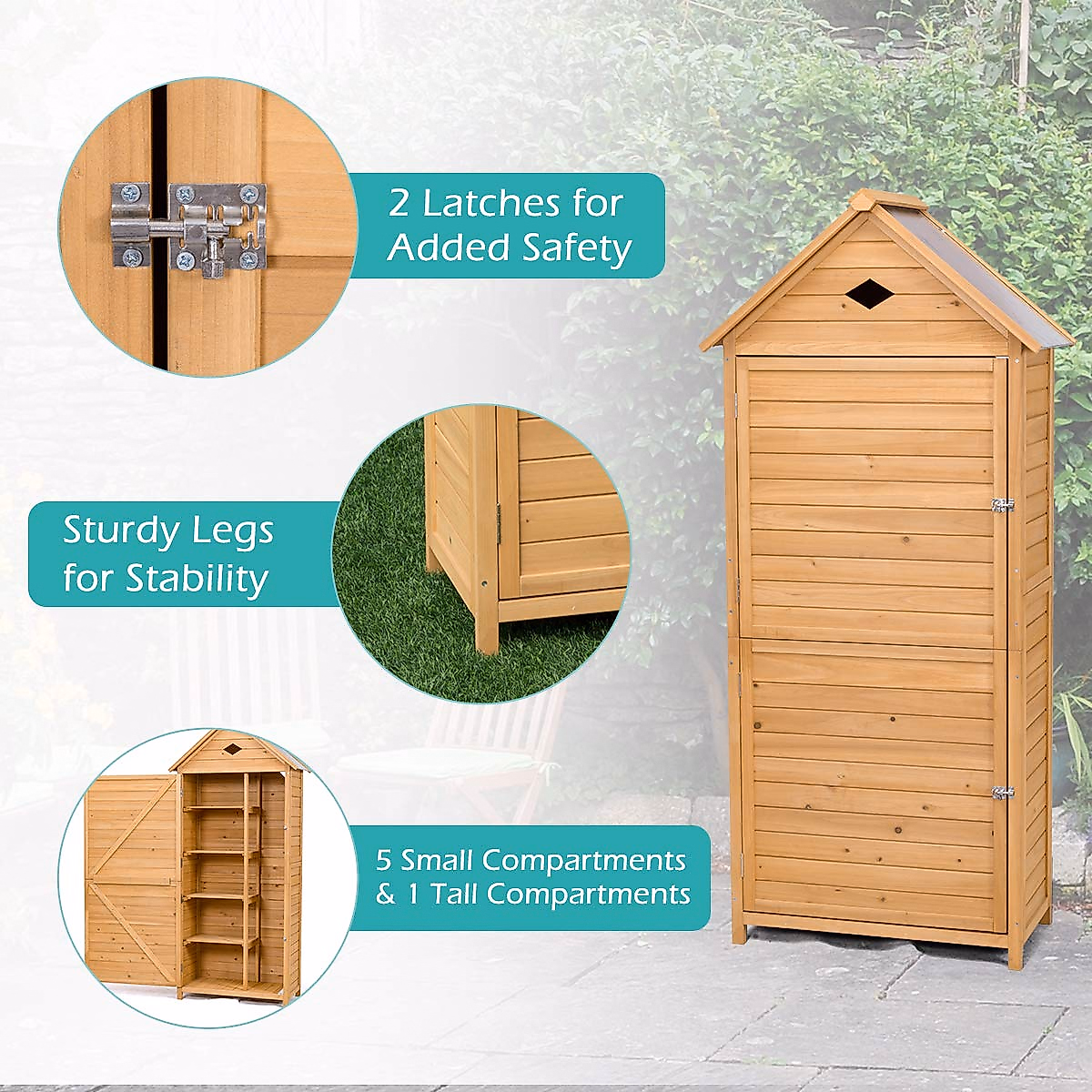 S AFSTAR Outdoor Storage Shed for Garden Tools, Wooden Patio Shed with Gable Roof and Metal Latches