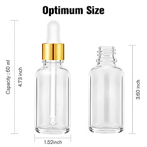 PrettyCare Eye Dropper Bottle 2 oz (12 Pack Clear Glass Bottles 60ml with Golden Caps, 24 Labels, Funnel & Measured Pipettes) Empty Tincture Bottles for Essential Oils