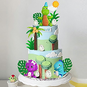 Dinosaur Cake Toppers Clay Dinosaurs Palm Leaves Dinosaur Eggs for Boy Girl Kid Birthday Baby Shower Dinosaur Theme Jungle Party Supplies (Multicolor)