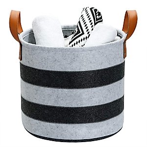 Round Storage Basket Medium Bin Towels Blanket Basket Foldable Laundry Baskets with PU Handles Felt Fabric Bins for Home, Living Room, Bathroom