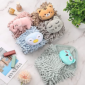 9 Pack Cute Chenille Soft Hanging Hand Towels, Funny Cartoon Animal Hand Towel with Hanging Loop, Kids Hand Towel Set Absorbent Thick Kitchen Bathroom Towels Bulk, 5 Colors