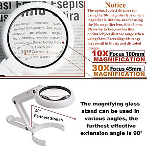 30X 10X Magnifying Glass with Light and Stand, Foldable Handheld Magnifying Glass & 2 level Dimmable for Close Work, Powered by Battery or USB