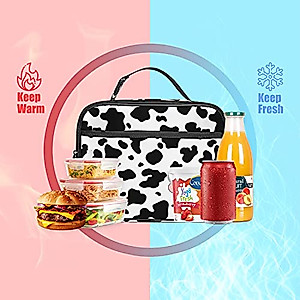 Lunch Bag for Teen Boys Girls, Stylish Reusable Insulated Lunch Box with Side Pocket for Adult and Kids, Durable Cooler Lunch Tote Bag with Detachable Handle for School Work (Cute Cow)